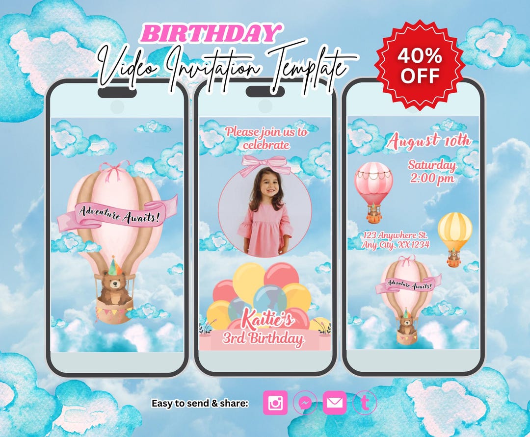 Editable Hot Air Balloon Birthday Video Invitation Template, Hot Air ...