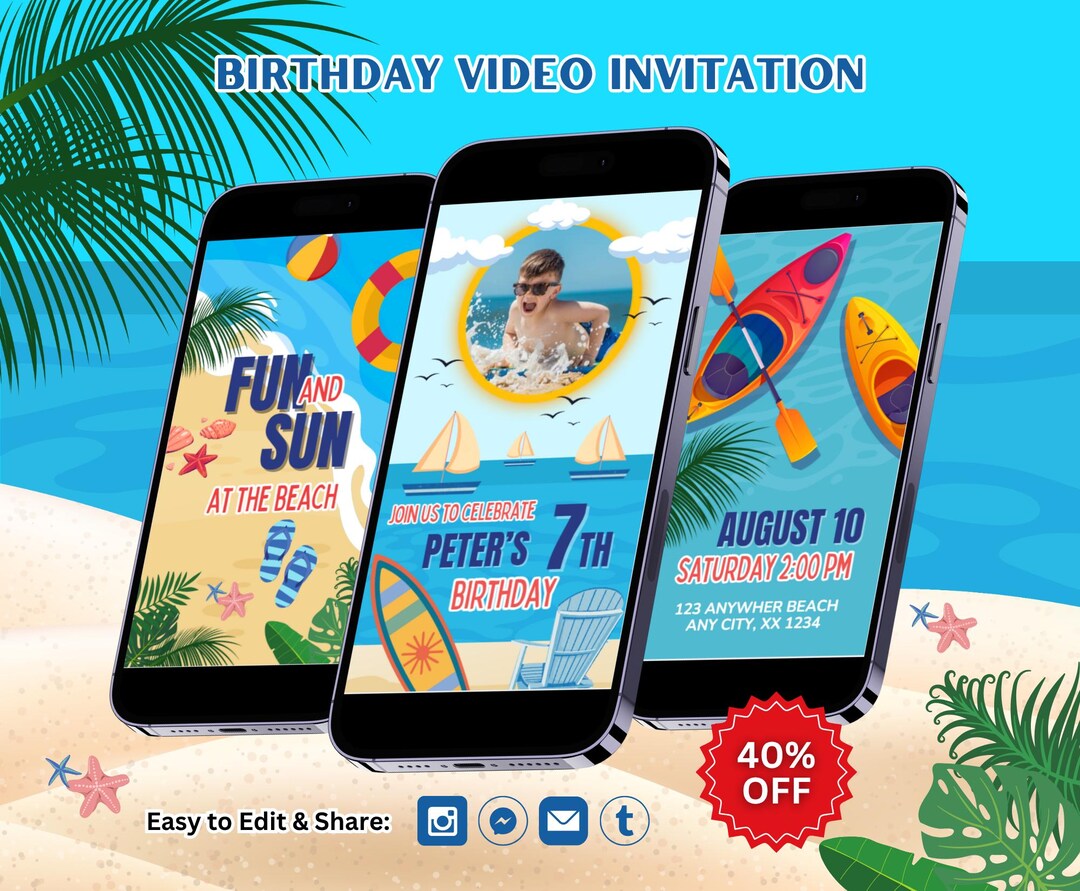 Editable Beach Birthday Video Invitation: Beach Themed Party, Summer ...