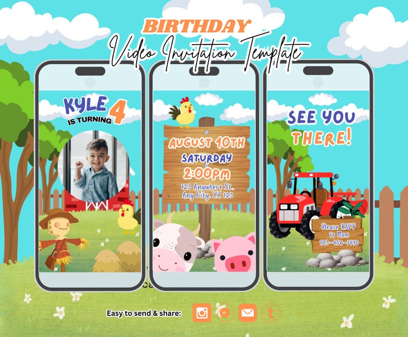 Editable Farm Birthday Video Invitation Template, Farm Party Animals ...