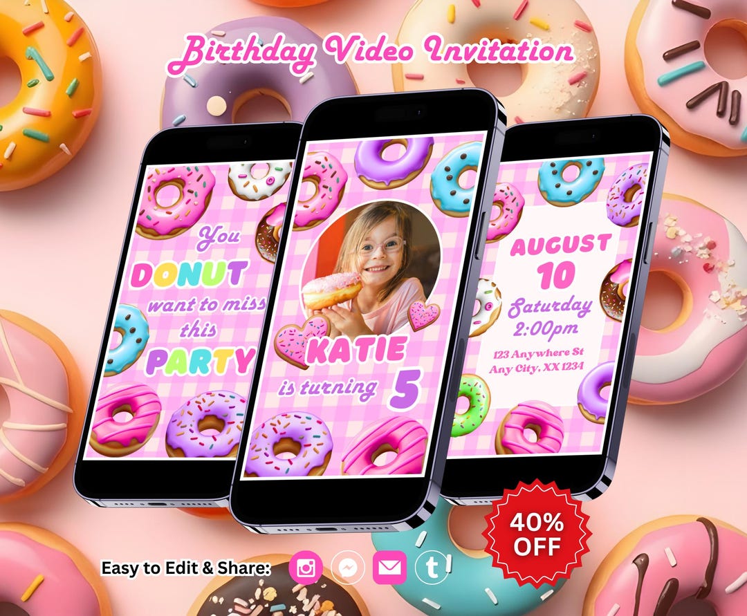 Editable Donut Birthday Video Invitation: Donut Party Theme, Sweets ...