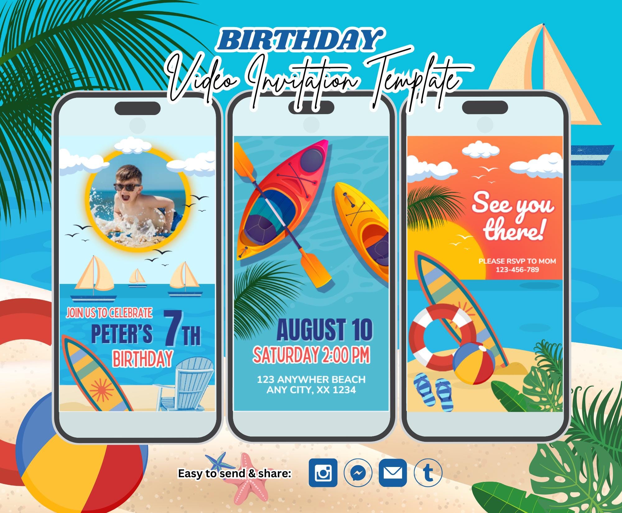Editable Beach Birthday Video Invitation: Beach Themed Party, Summer ...