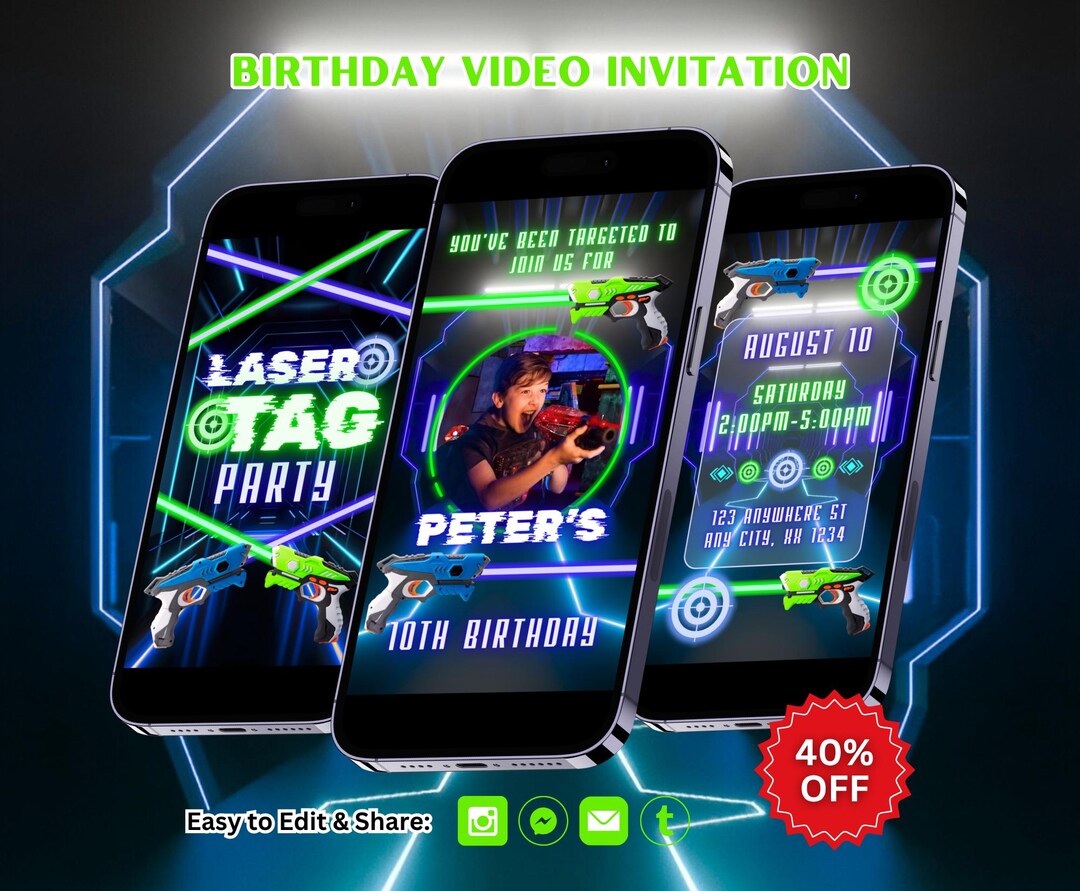 Editable Laser Tag Birthday Video Invitation: Neon Glow Party Invite ...