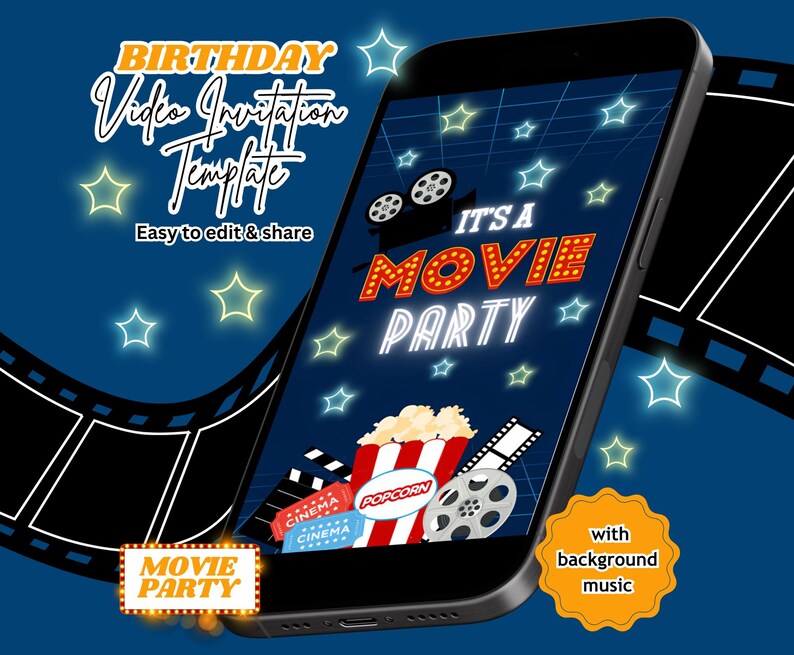 Editable Movie Party Birthday Video Invitation: Movie Night Invite ...