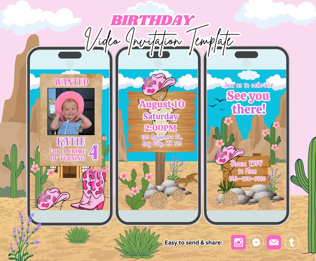 Editable Cowgirl Birthday Video Invitation Template, Rodeo Birthday ...