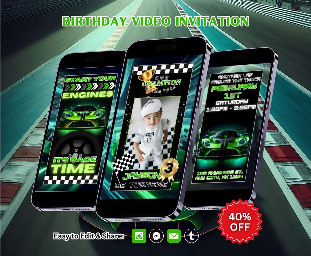 Editable Race Car Birthday Video Invitation: Race Cars Theme, Canva ...