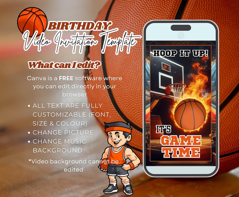 Editable Basketball Birthday Video Invitation Template, Digital ...