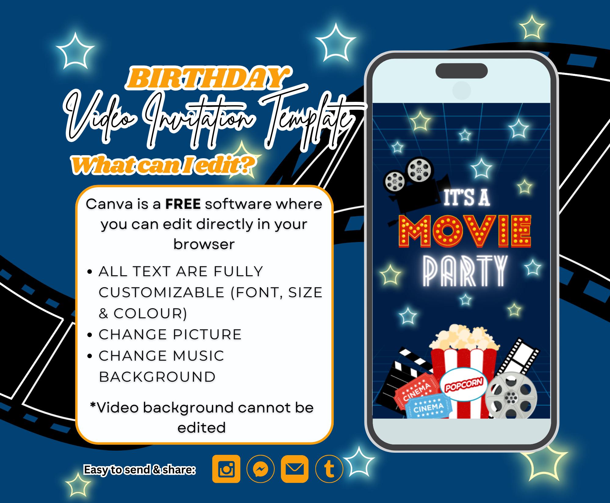 Editable Movie Party Birthday Video Invitation: Movie Night Invite ...