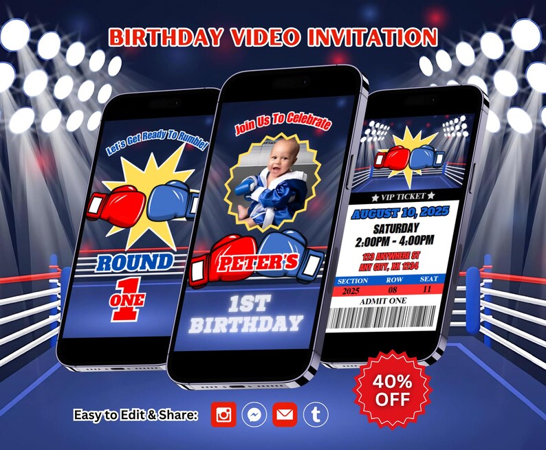 Editable Boxing Birthday Video Invitation, Boxing Theme Party, Sports ...
