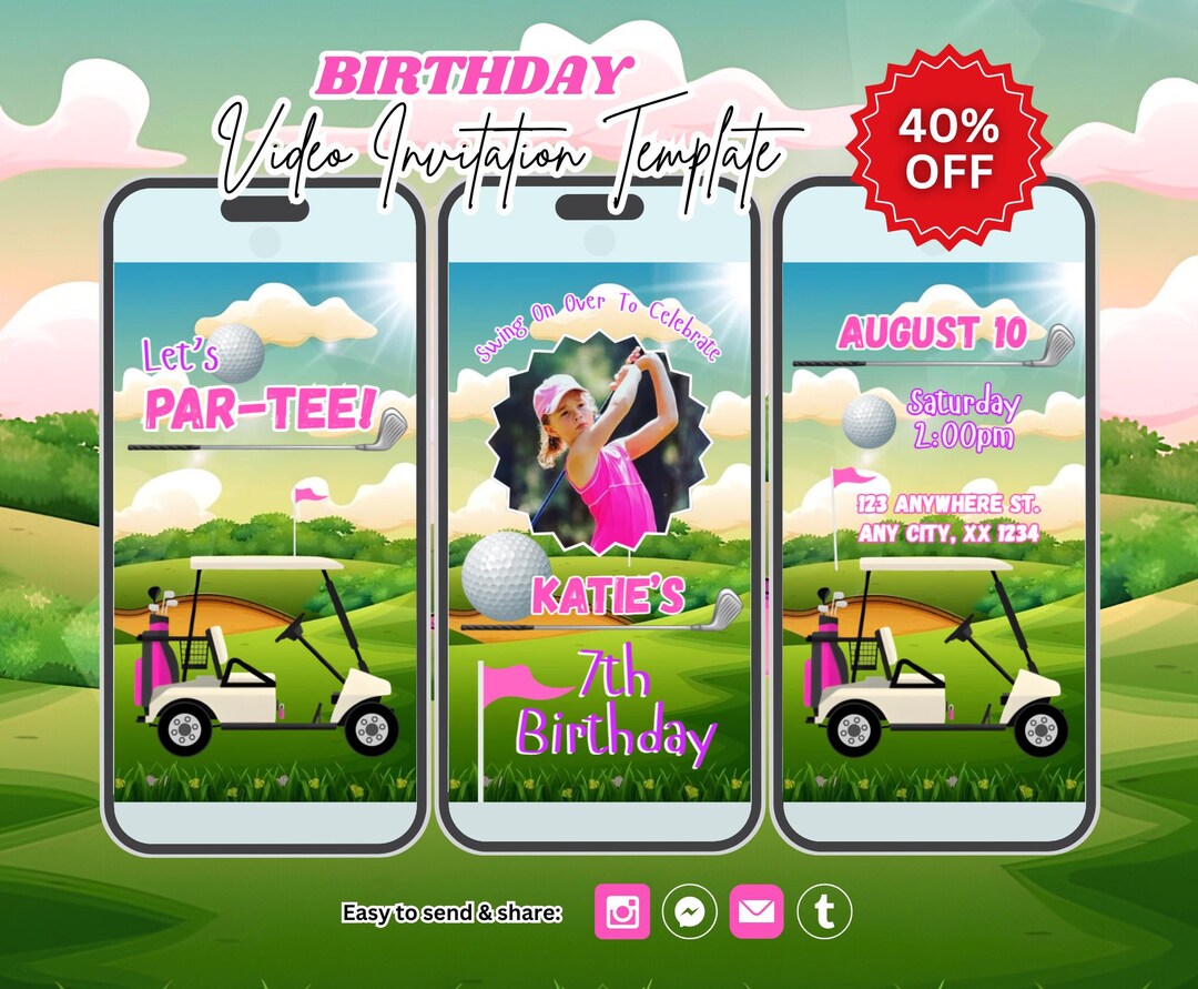 Editable Golf Birthday Video Invitation Template, Digital Golf ...
