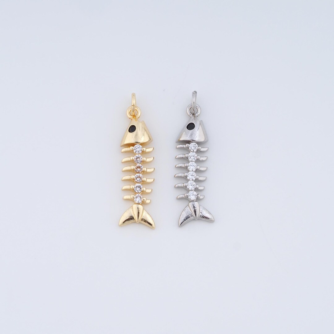 Gold CZ Fishbone Charm, 18K Gold Filled Minimalist Pendant,fishbone ...
