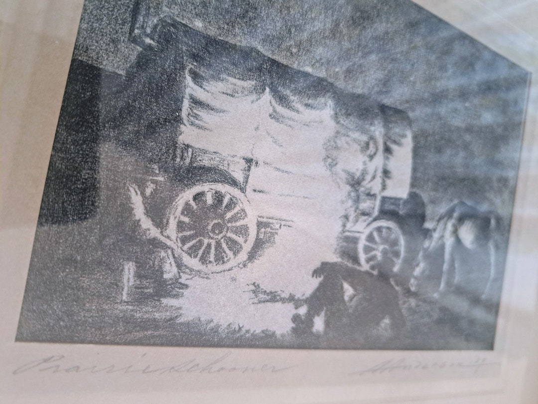 1939 Original Pencil Drawing Framed Texas Cowboys Prairie Schooner ...