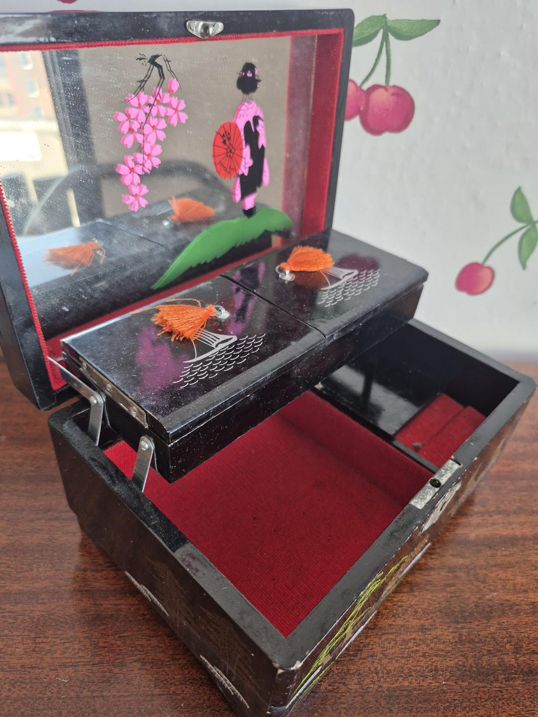 Vintage Mid Century Black Laquer Handpainted Japanese Jewelry Music Box ...