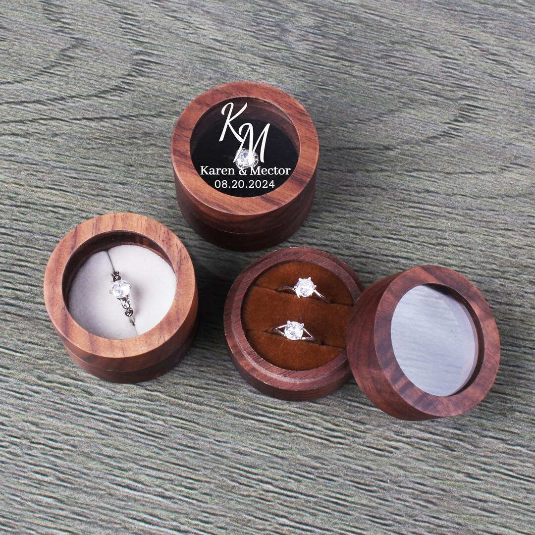 Custom Engraved Wooden Round Ring Box With Clear Lid - Single & Double ...