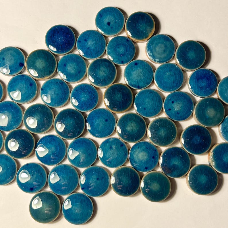16 Bright Blue Crackle Mix, 2cm Penny Round Glaze Ceramic Mosaic Tile ...