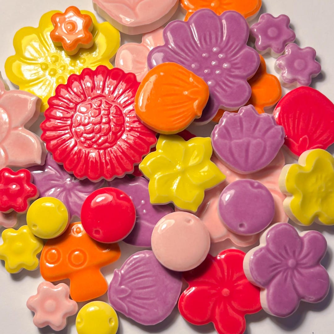 10 Bright Colorful Flower & Dot Mix Glazed Ceramic Mosaic Tiles, Large ...