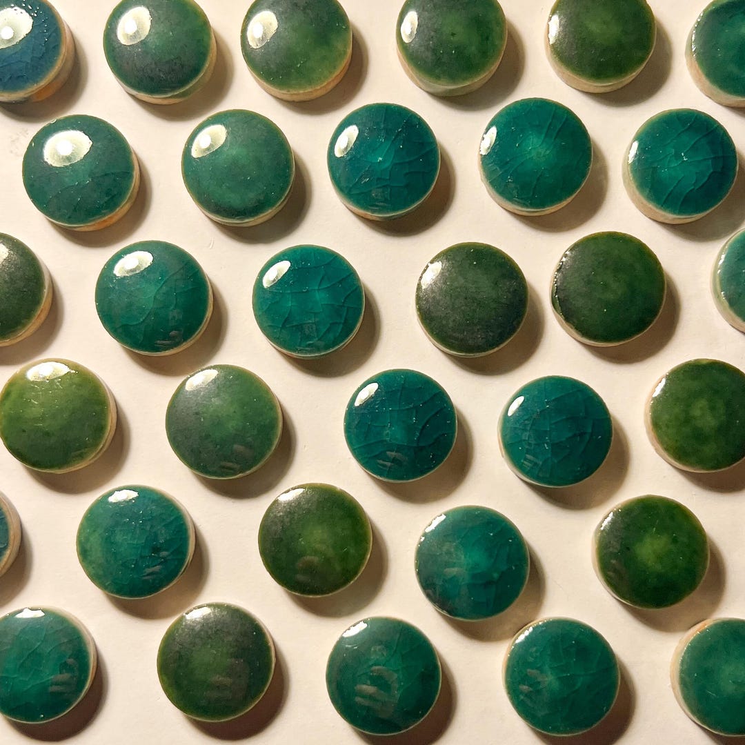16 Bright Green & Dark Teal Crackle Mix, 2cm Penny Round Glaze Ceramic ...