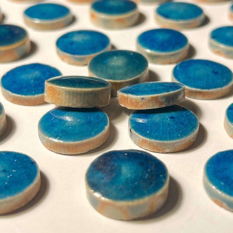 16 Bright Blue Crackle Mix, 2cm Penny Round Glaze Ceramic Mosaic Tile ...