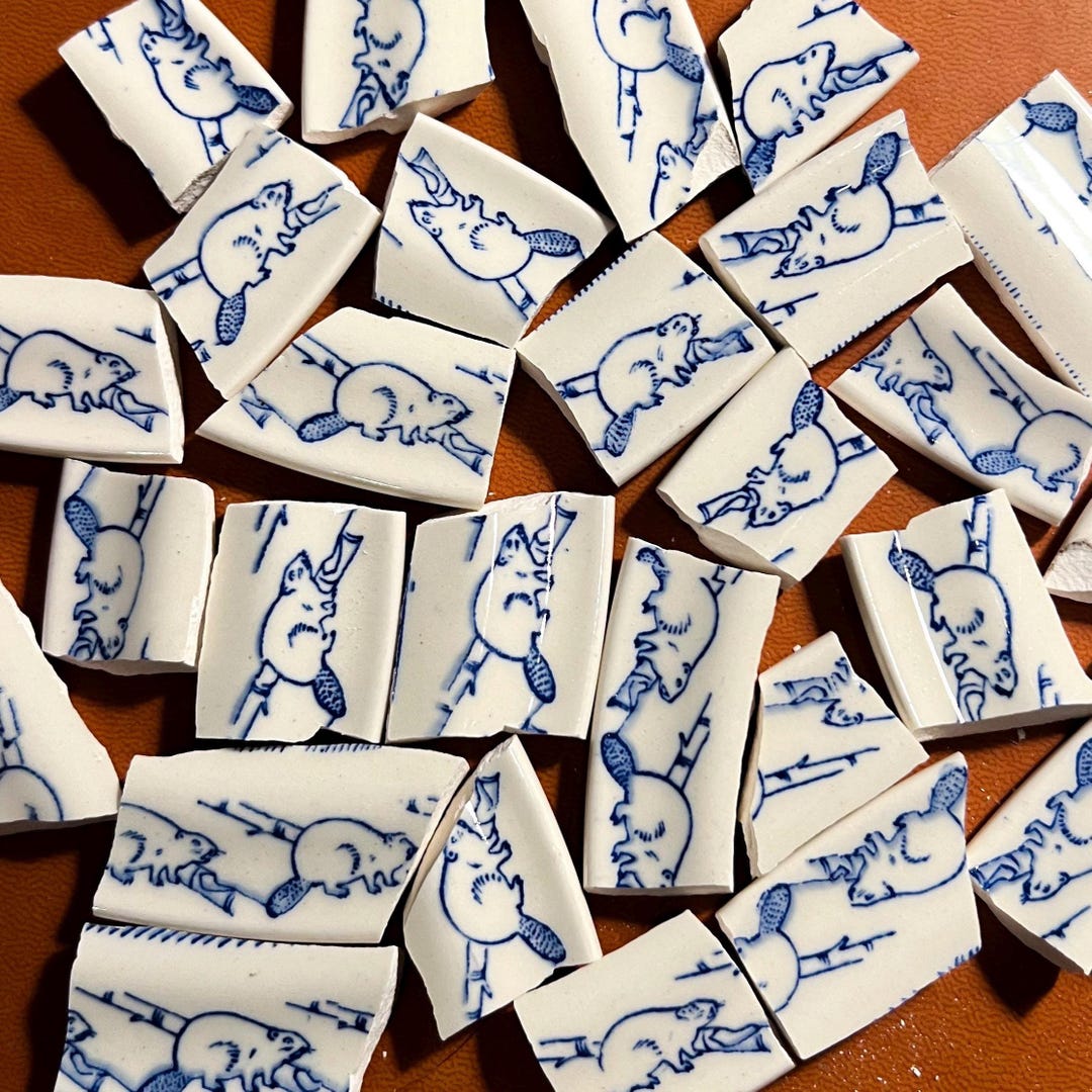 Blue Beaver Vintage Plate Mosaic Tile, Animal Hand Cut Broken China Rim ...