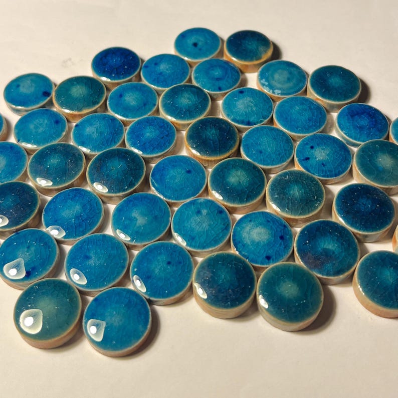 16 Bright Blue Crackle Mix, 2cm Penny Round Glaze Ceramic Mosaic Tile ...