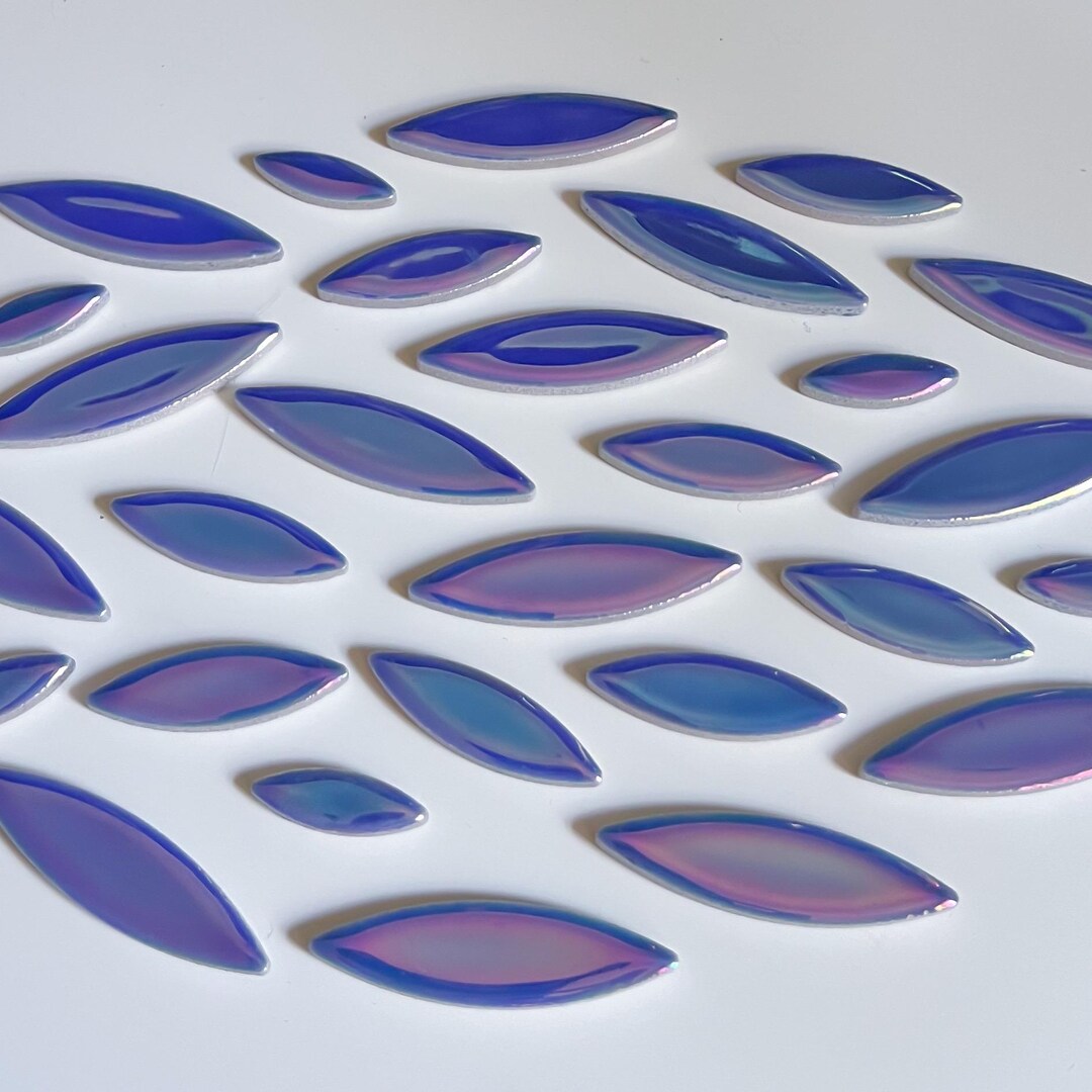 Iridescent Cerulean Sapphire Blue Leaf Glazed Ceramic Mosaic Tile, 50g ...