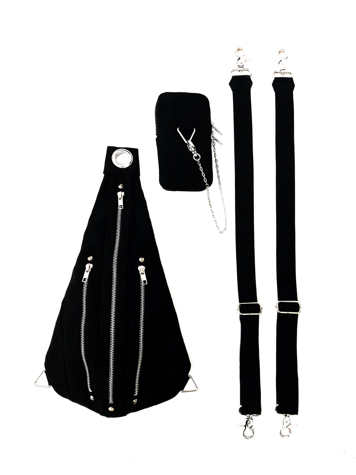 Tri Zipper Back Pack Convertible Fanny Pack in Black Canvas W/ Silver ...