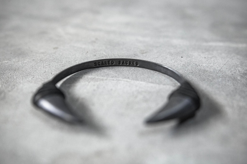 Scared Sacred Black Saber Tooth Tiger Spike Metal and Leather Bangle ...