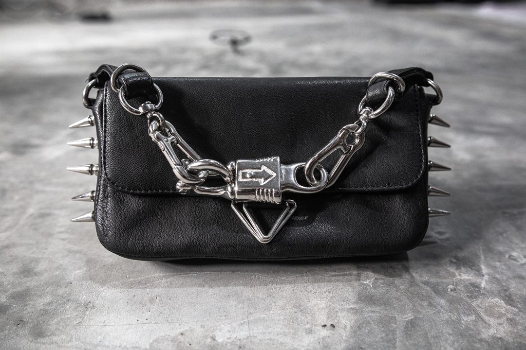 Spiked Black Leather Clutch Pouch Wallet With Panic Snap Metal Hardware ...