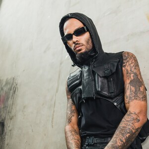Tech9 Leather Hood With Shoulder Holsters | Tactical Techwear Pockets I ...