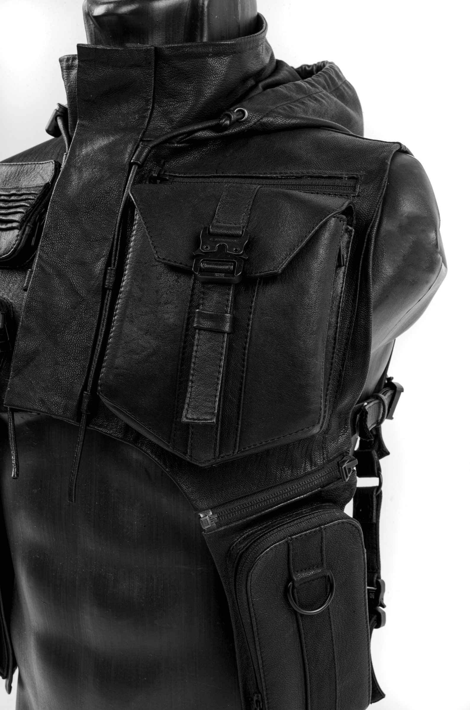 Tech9 Leather Hood With Shoulder Holsters | Tactical Techwear Pockets I ...