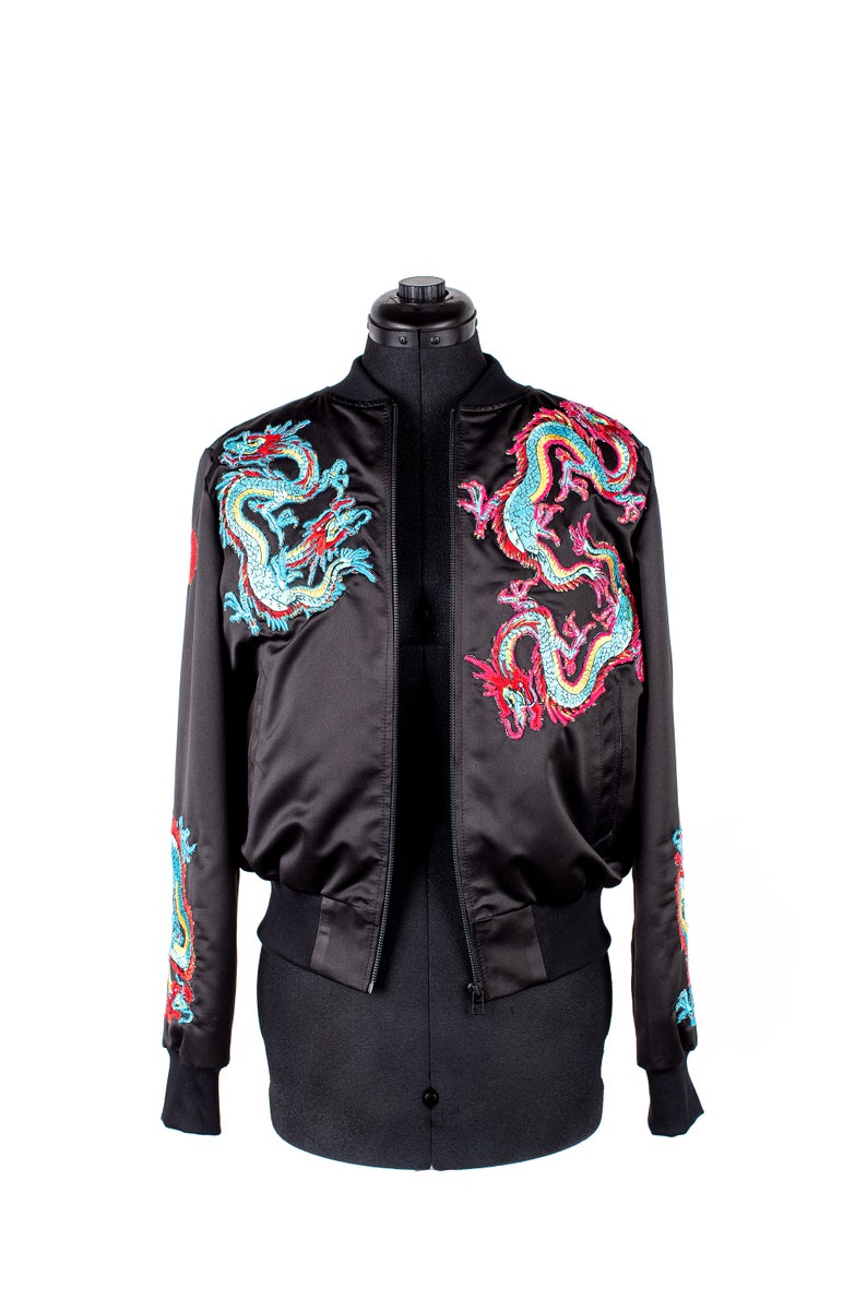 Dragon Fantasy Black Satin Silk Bomber Jacket - Etsy