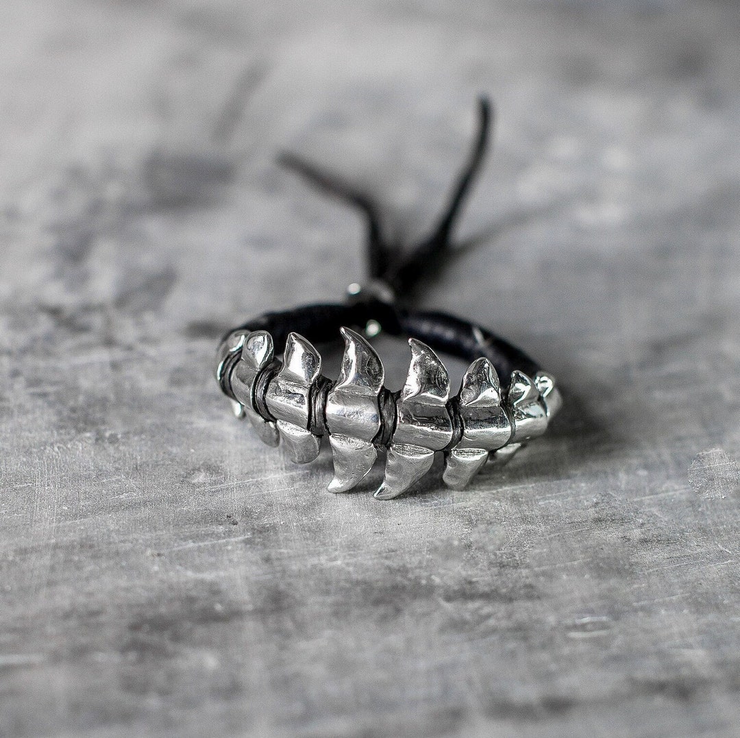 Alien Spine Silver Bracelet and Black Braided Leather Cuff Vertebrae - Etsy