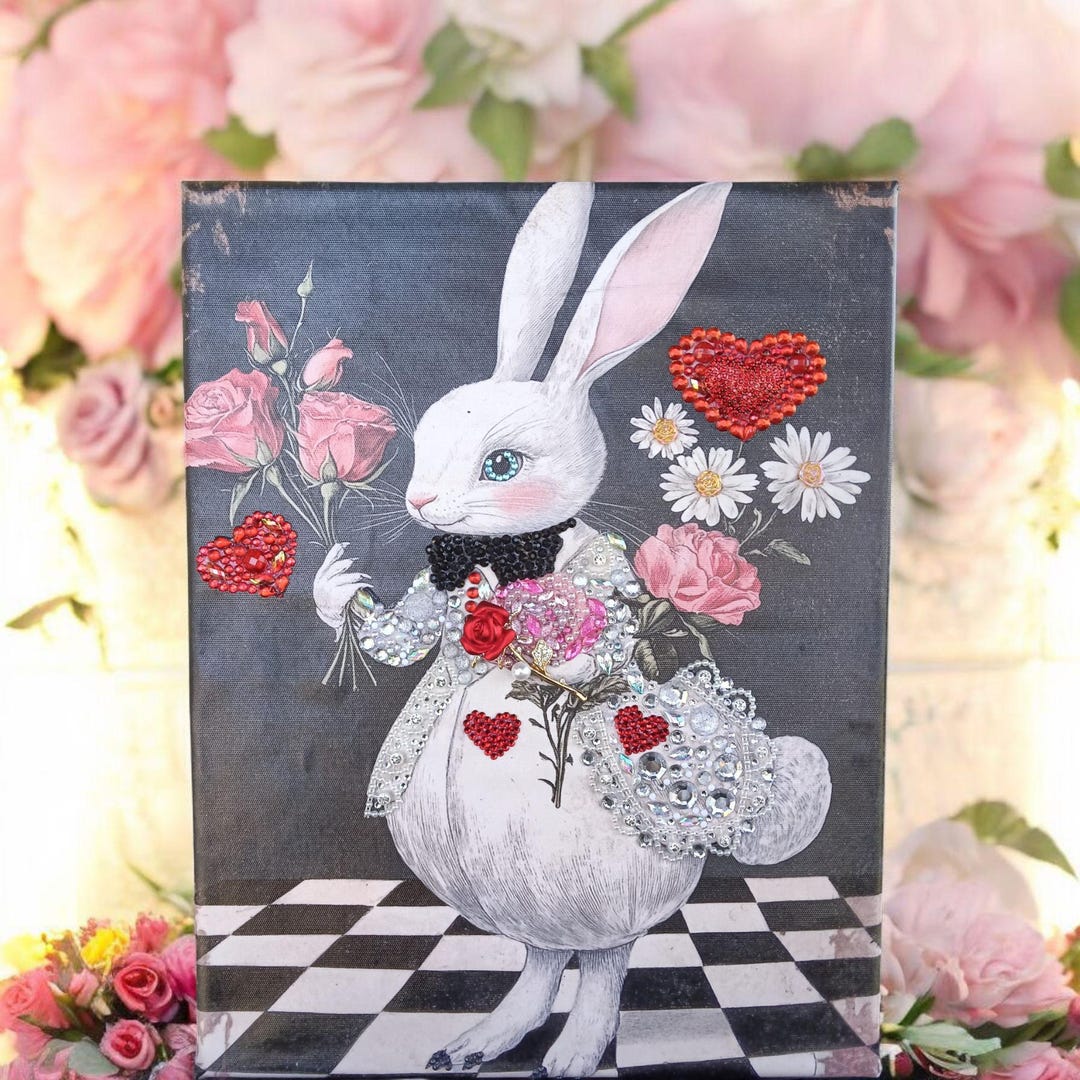 White Rabbit Wall Art Embellished Rabbit With Flowers Jewelry Art ...
