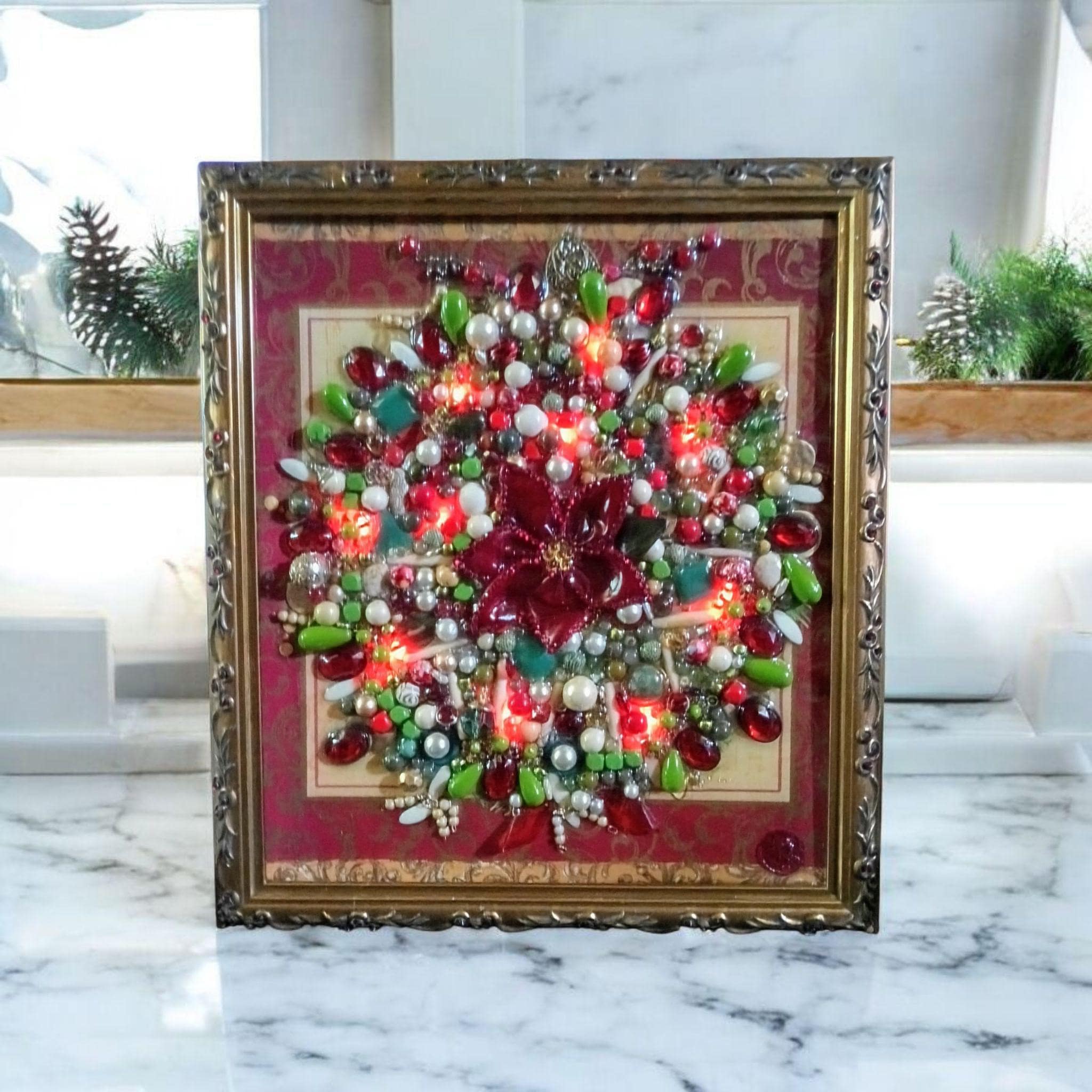 Beaded Jewelry Art Lighted Christmas Wreath | Framed Maximalist Wall ...