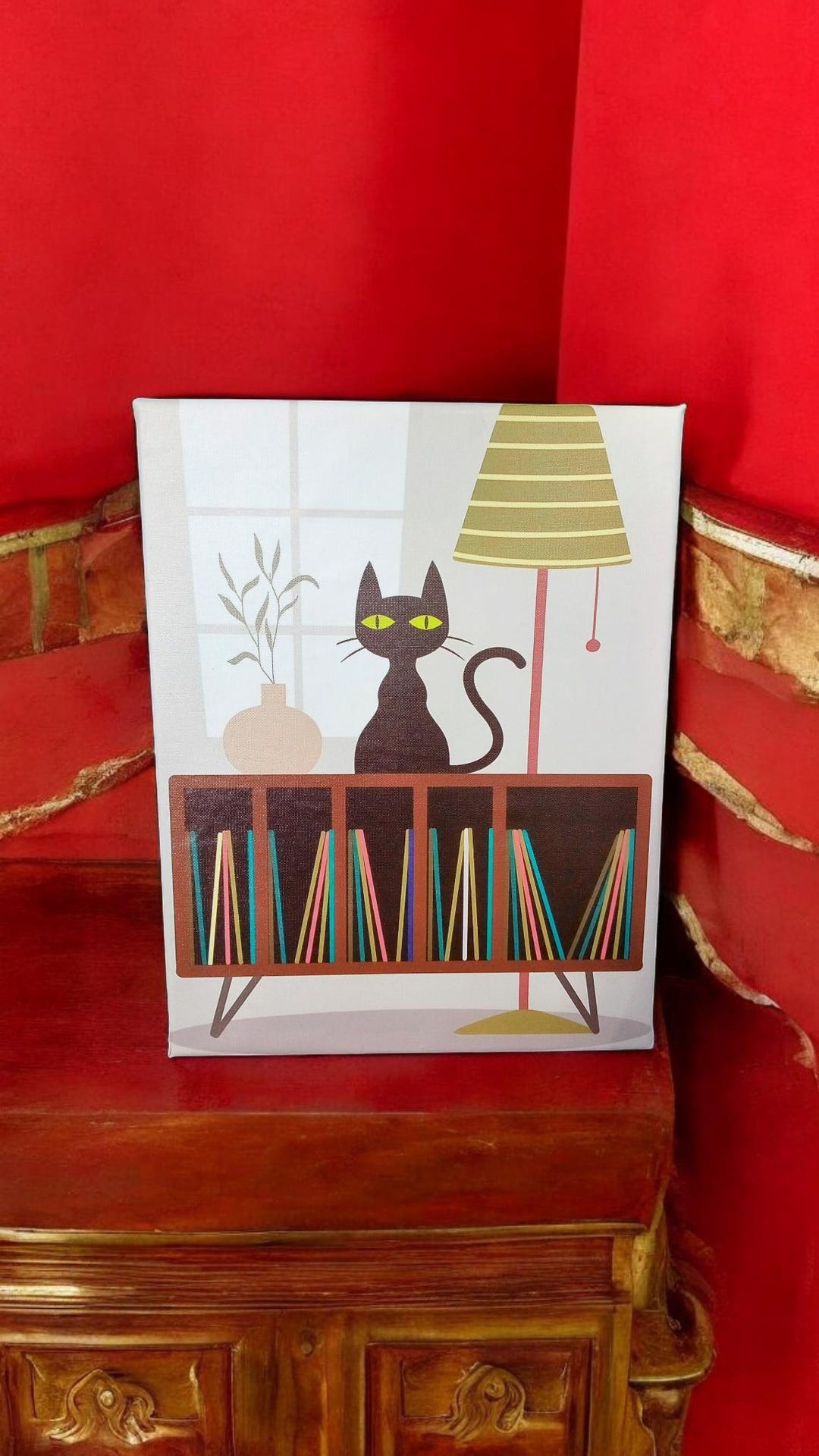 Mid Century Atomic Cat Canvas Wall Art, Retro Black Cat on a Bookcase ...