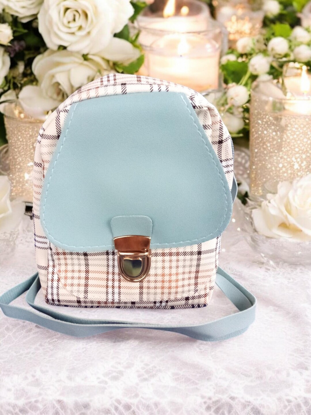 Plaid Mini Backpack Blue and Plaid Zipper Hand School Bag Work Ladies ...