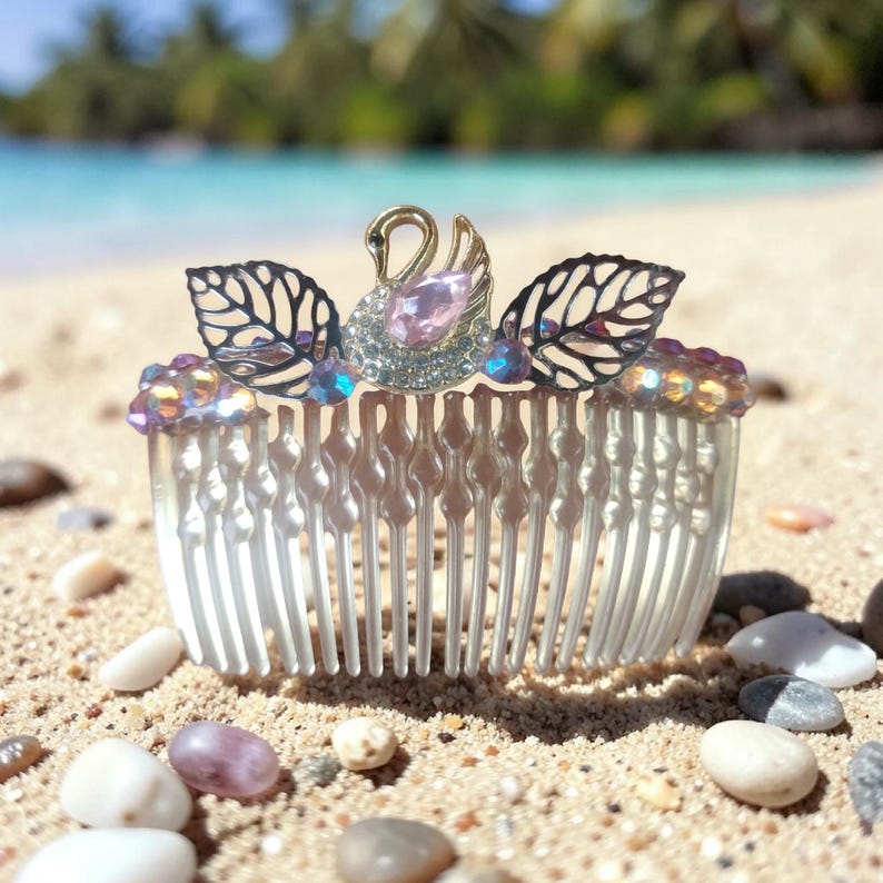 Swan and Pink Crystal AB Rhinestone Hair Comb - Etsy
