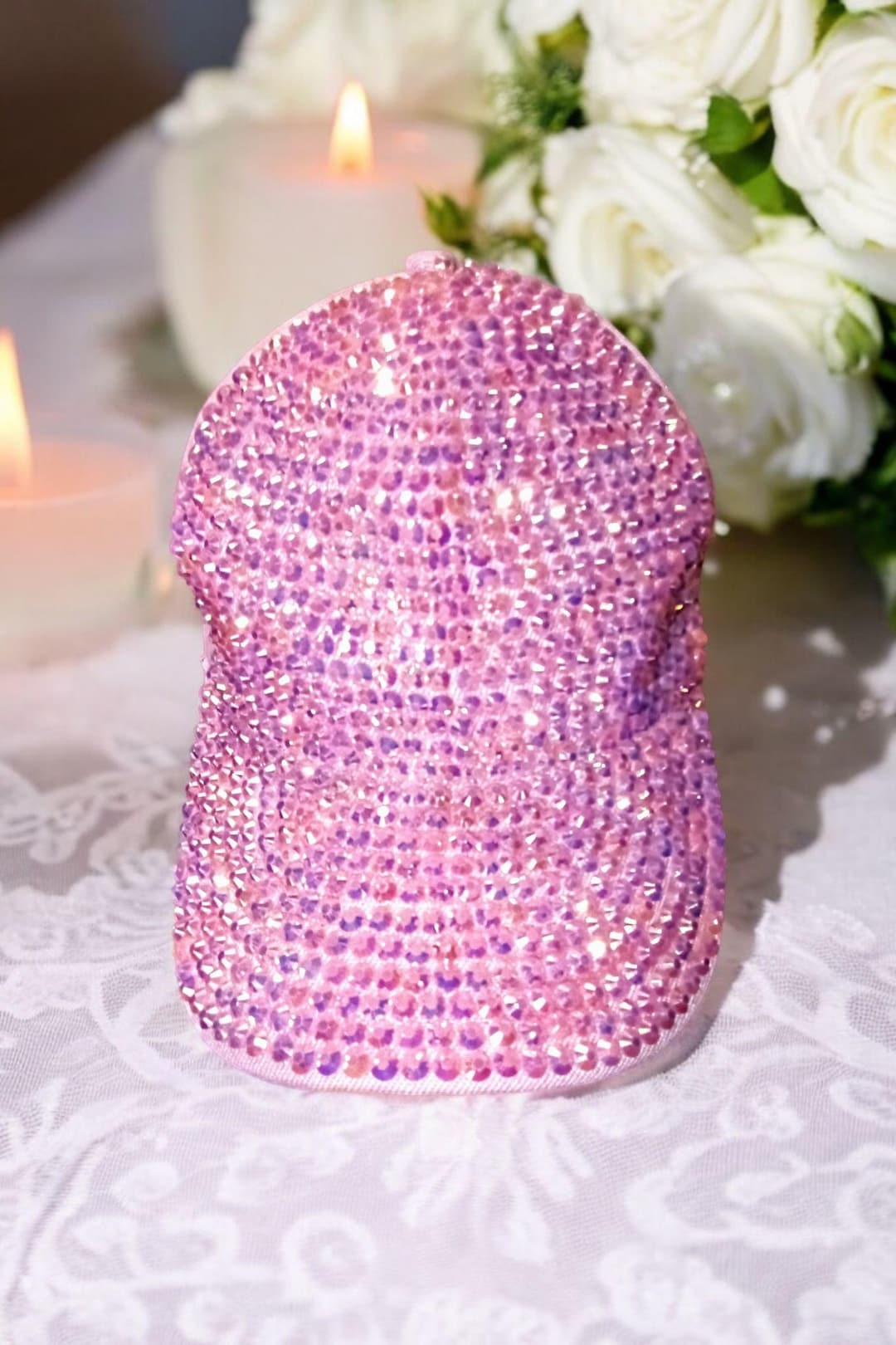 Womens Gift Pink Baseball Cap With Rhinestones, Adjustable Crystal Hat ...