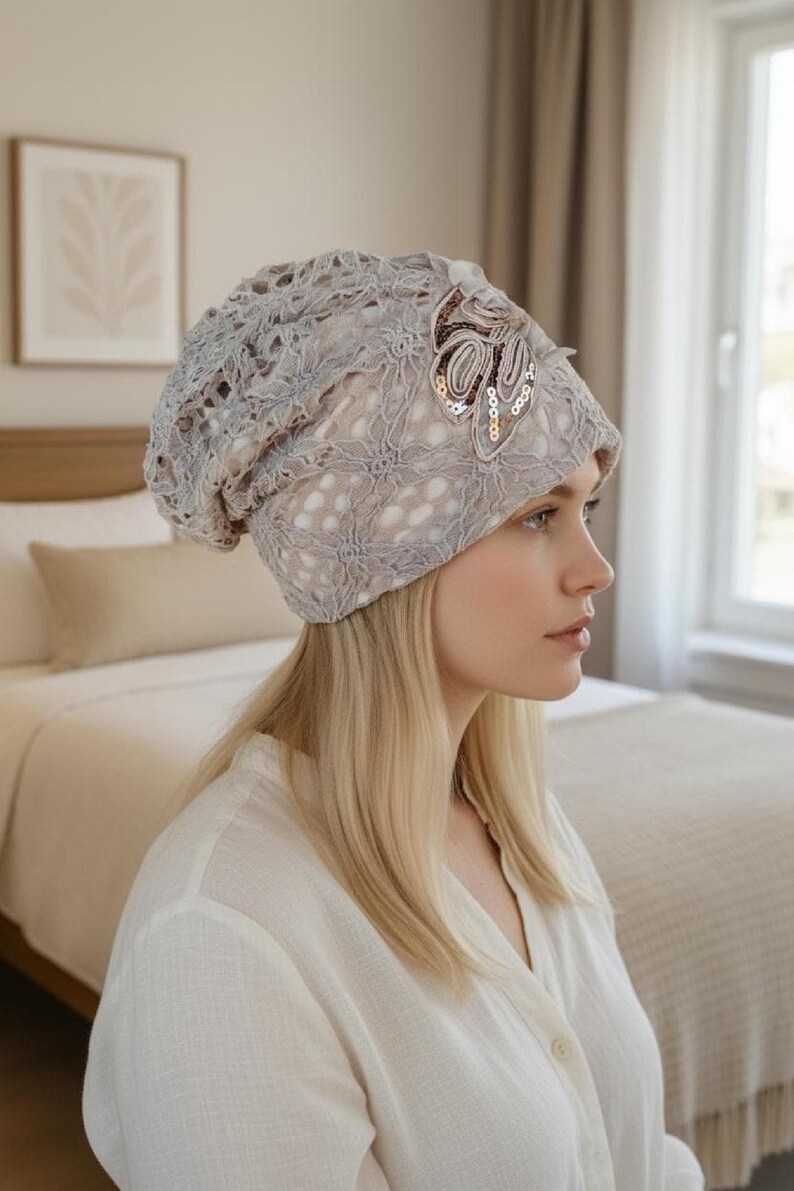 Beige Sequin Beanie Hat: Floral Lace, Womens Avant Garde Style - Etsy