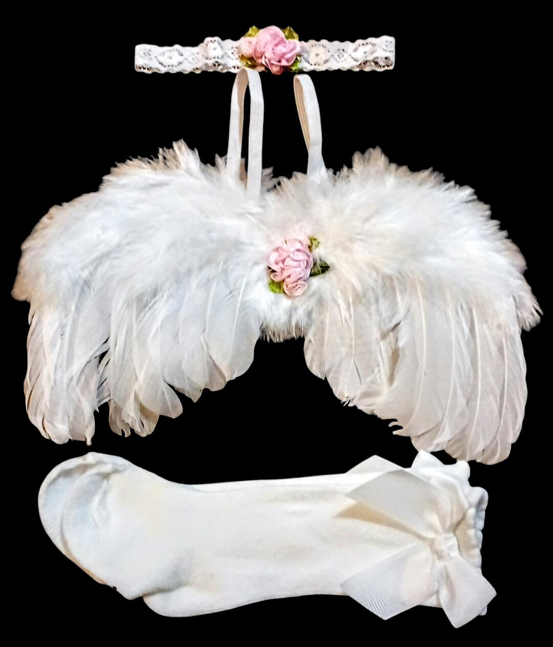 Baby Girl ANGEL Wings Photo Prop, Lace Headband, Bow Top Socks, White ...
