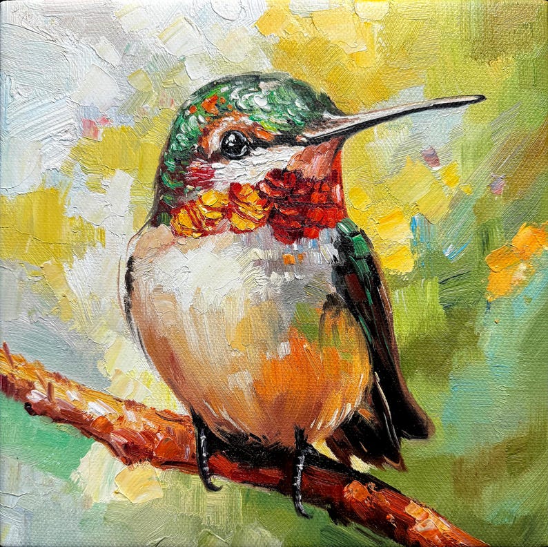 Framed Hummingbird Oil Painting: Impasto Bird Art, Nature Decor 10x10 ...
