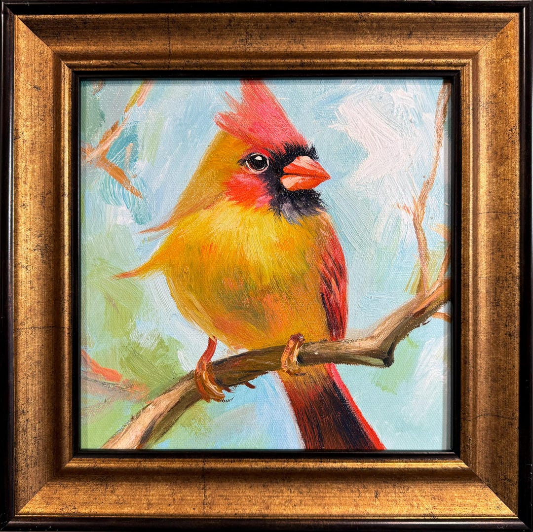 Framed Northern Cardinal Oil Painting: Vintage Farmhouse Bird Art - Etsy