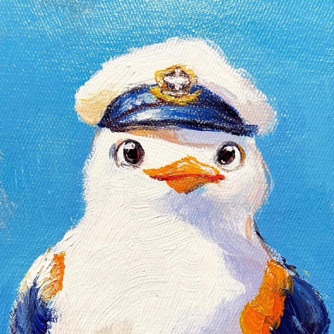 Hand-painted Seagull Captain Oil Painting | Framed Nautical Wall Art ...