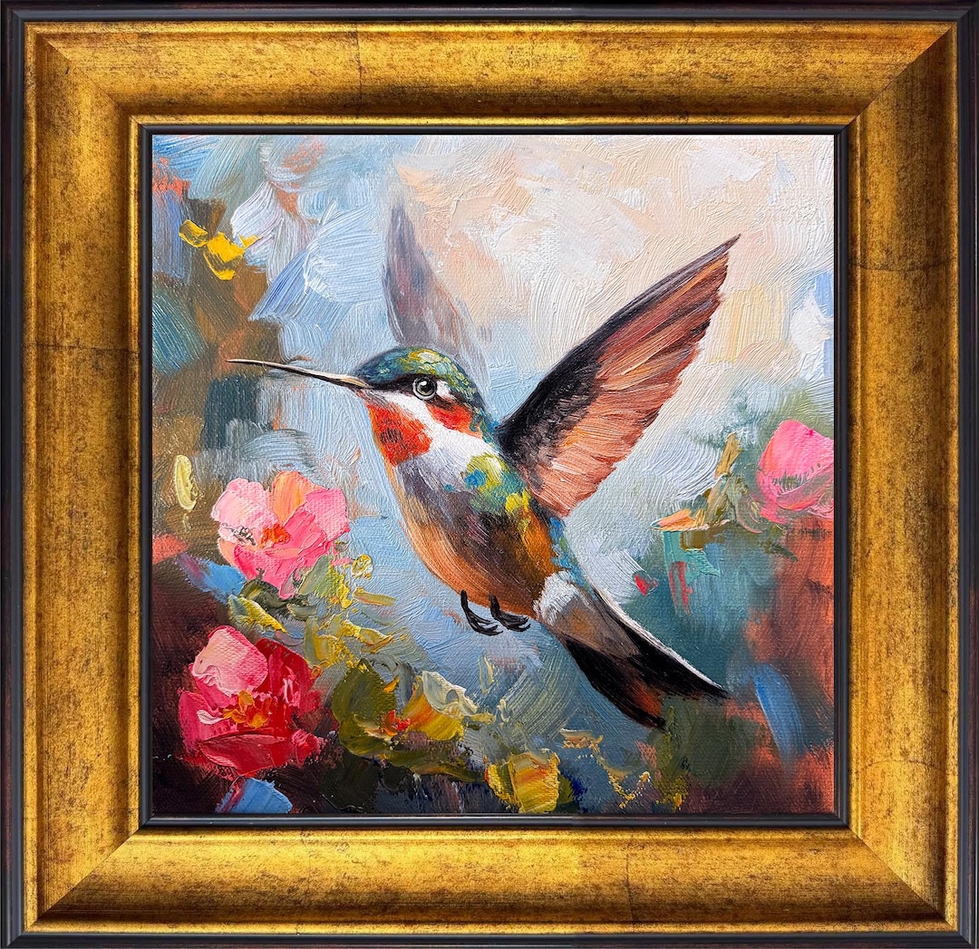 Hand-painted Hummingbird Oil Painting: Framed Floral Farmhouse Art - Etsy