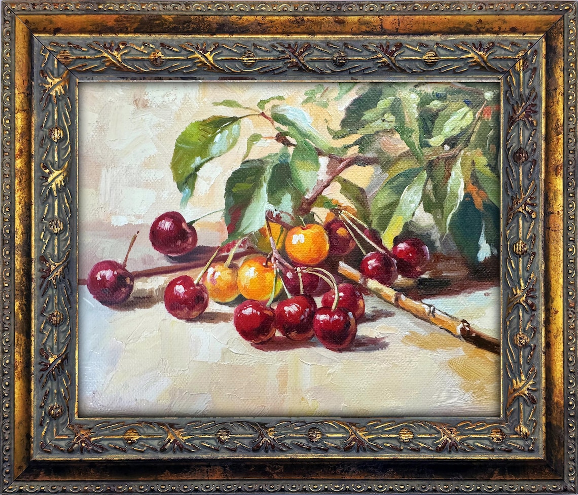 Framed Cherry Oil Painting: Realistic Still Life Fruit Art, Kitchen ...