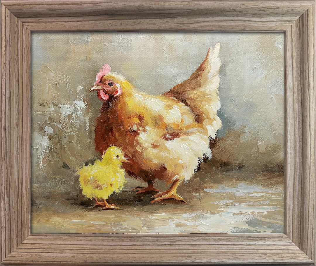 Framed Hen & Chicks Oil Painting: Farmhouse Kitchen Art, 11x13 Inch - Etsy