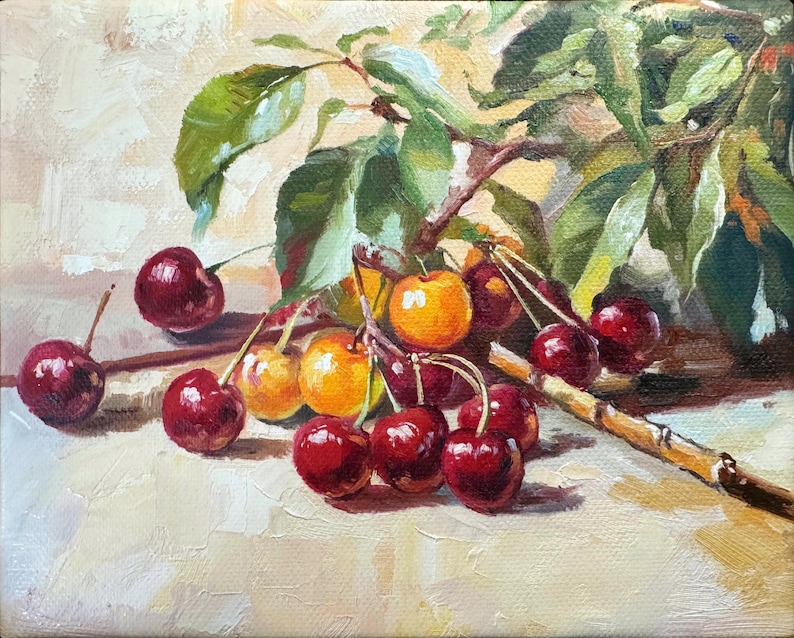 Framed Cherry Oil Painting: Realistic Still Life Fruit Art, Kitchen ...