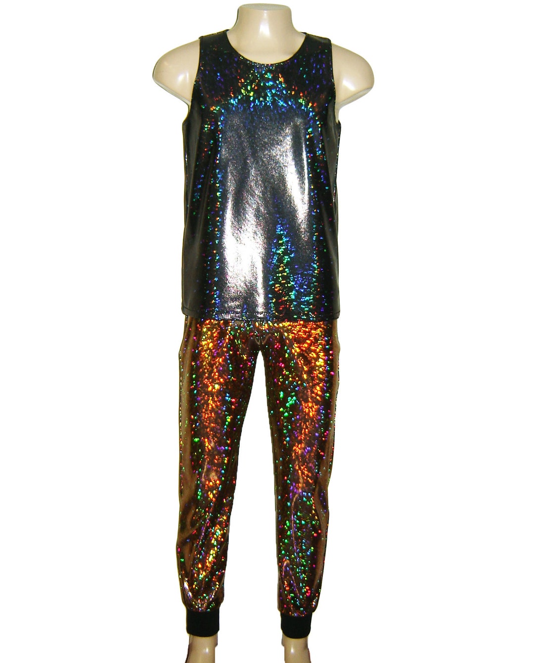 Men's Black Holographic Sparkle Tank Top Singlet Burningman Stretch Tee ...