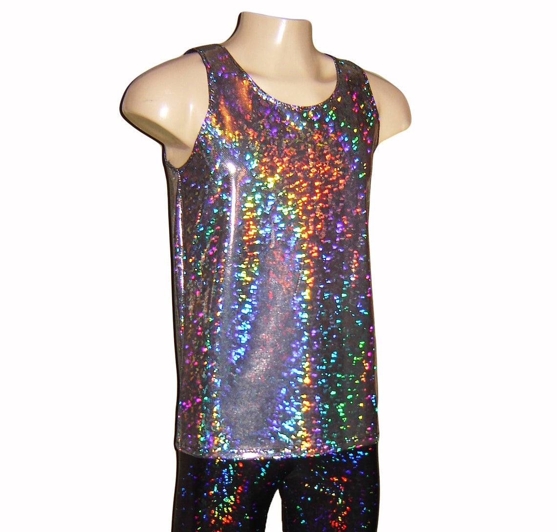 Men's Holographic Sparkle Tank Top Singlet Silver Burningman Stretch ...
