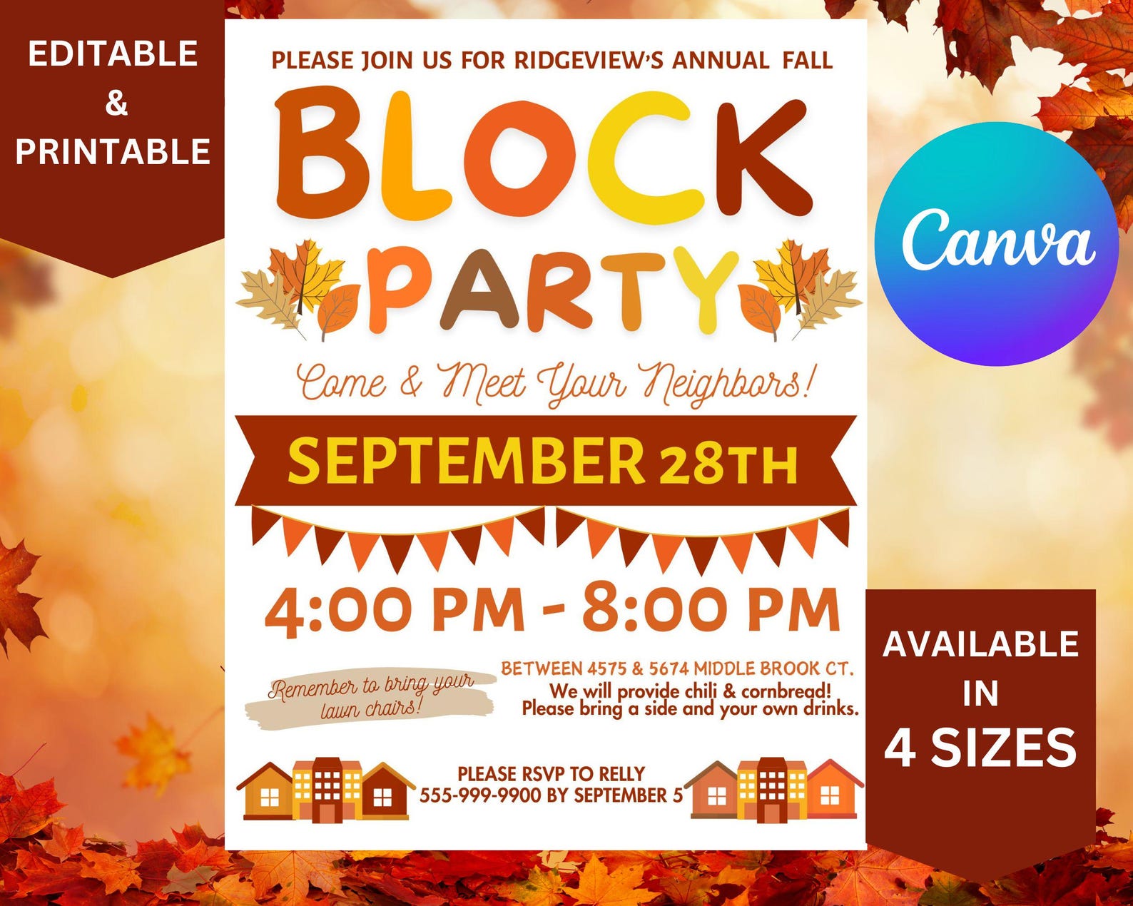 Fall Block Party Flyer Editable Template for Autumn Neighborhood Party ...
