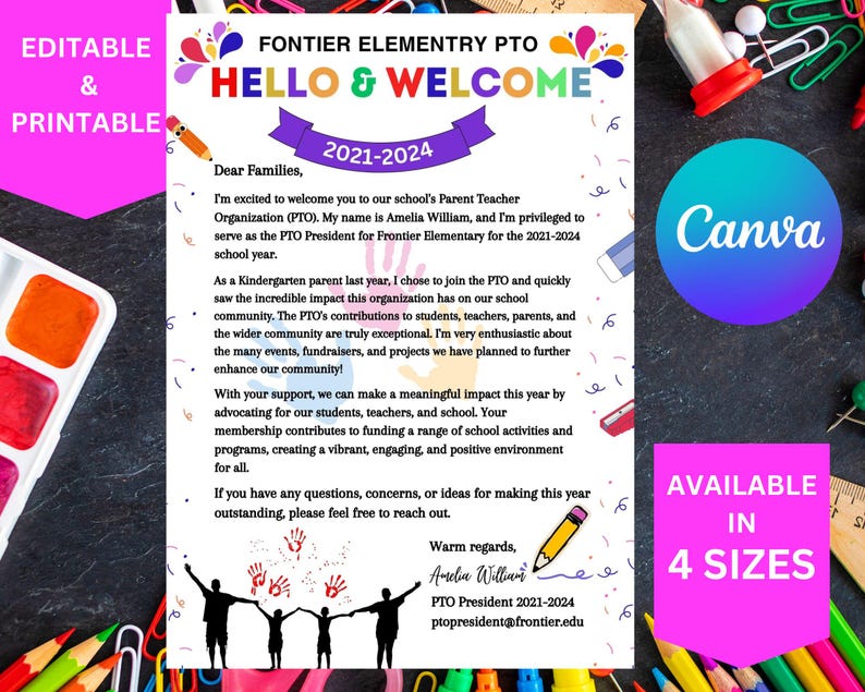 Editable PTO Welcome Letter Printable, PTA Welcome Message, Editable ...